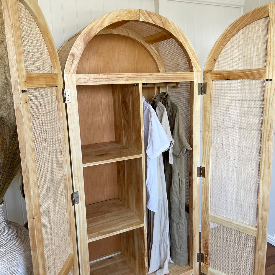 Arch Teak & Rattan Wardrobe - Shelves + Hanging – Paradise Living Co.