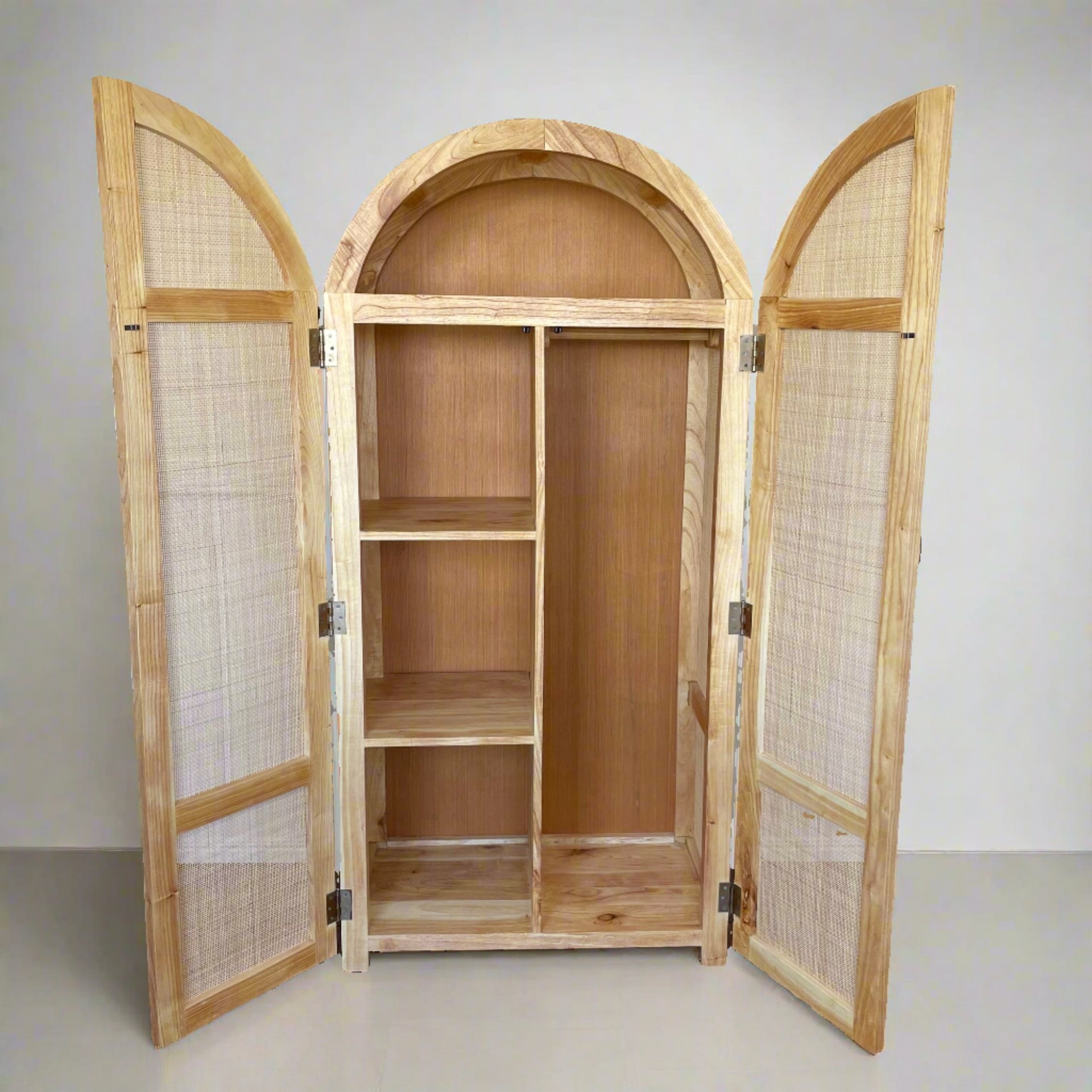Arch Teak & Rattan Wardrobe - Shelves + Hanging – Paradise Living Co.