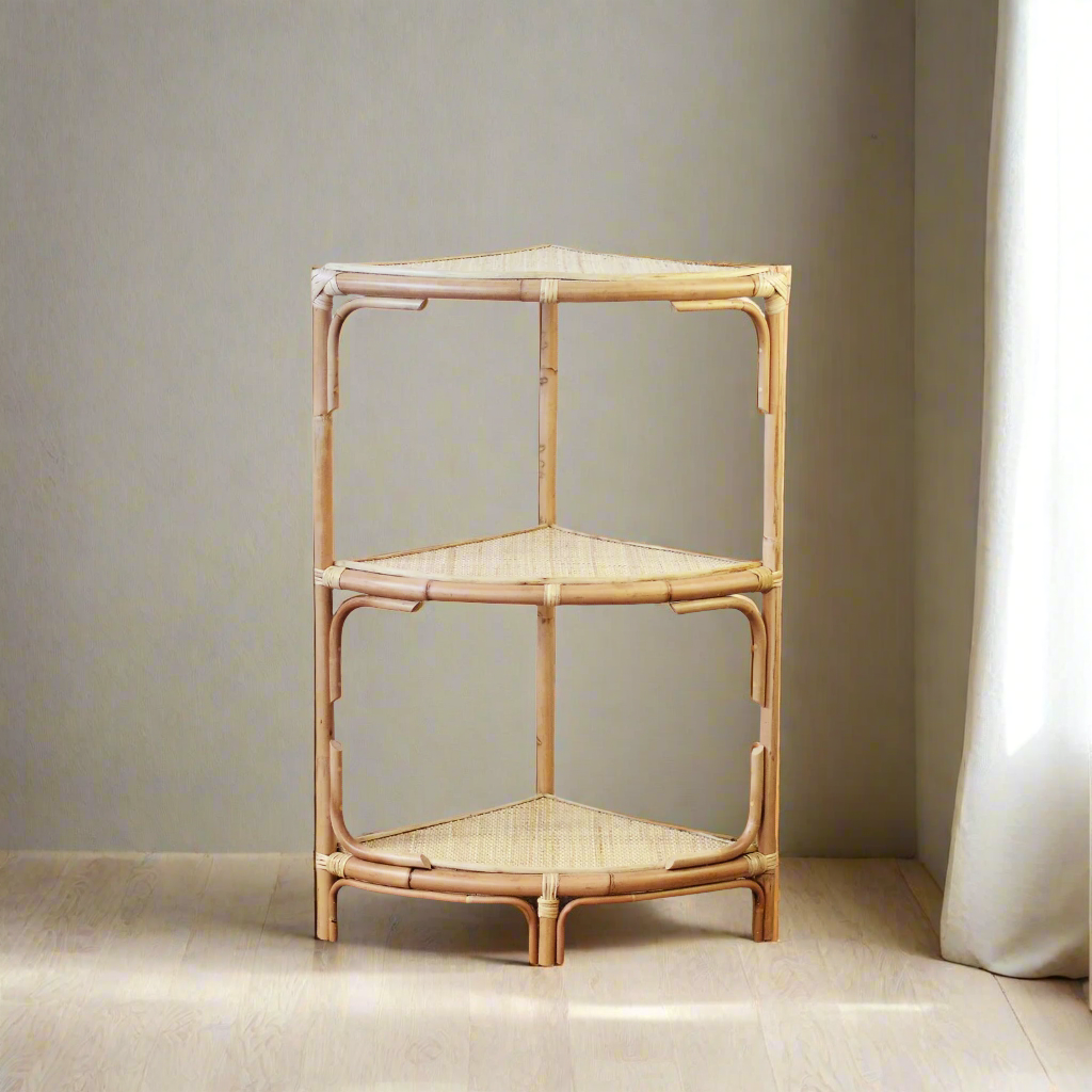 Vintage Wicker Corner Shelf Corner Rattan Shelf Natural – Paradise